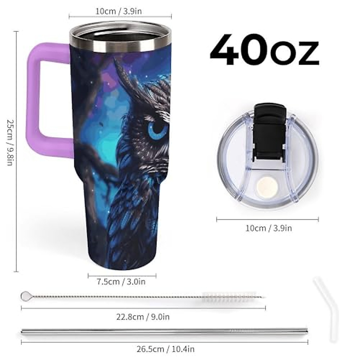 LLUTSNTH 40 Oz Vacuum Tumbler with Violet Handle Leakproof Insulated Tumbler Blue Owl Stainless Steel Travel Mug with Lid And Straw Coffee Cup Cute Water Bottles Cup Holder Friendly