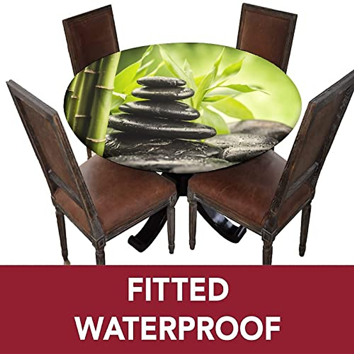 XISUNYA Zen Garden Round Fitted Tablecloth with Elastic Edge,Zen Basalt Stones and Bamboo Print Polyester Table Cloth, Fits Round Table 28", for Wedding Party Dining Banquet,Multi