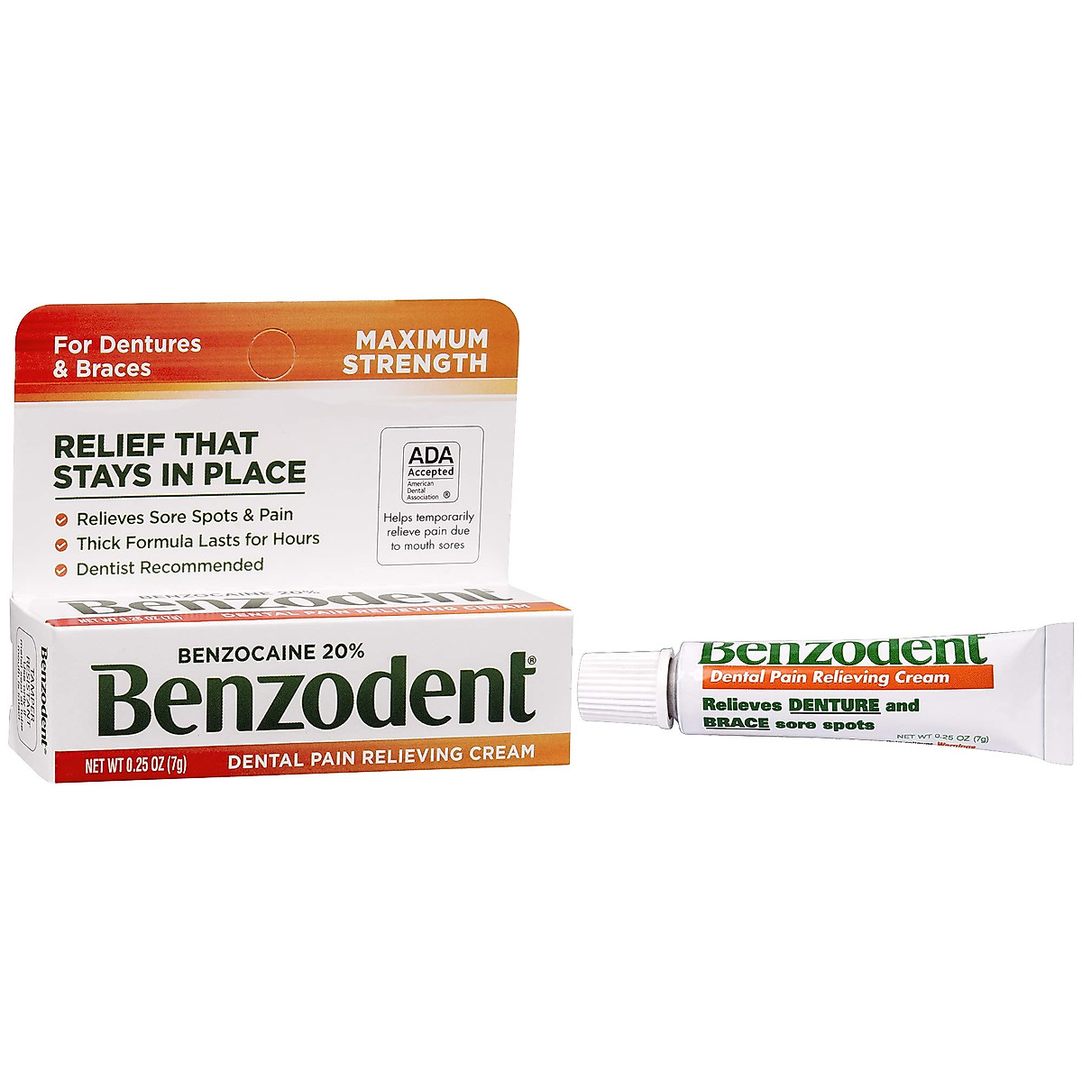 Benzodent Dental Pain Relieving Cream for Dentures and Braces, 0.25 oz tube (Pack of 3)