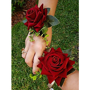 Campsis 2PCS Wedding Wrist Flower Wine Red Floral Wrist Corsage Bridal Rose Leaf Hand Flowers for Bride and Bridesmaid Festival Prom Engagement