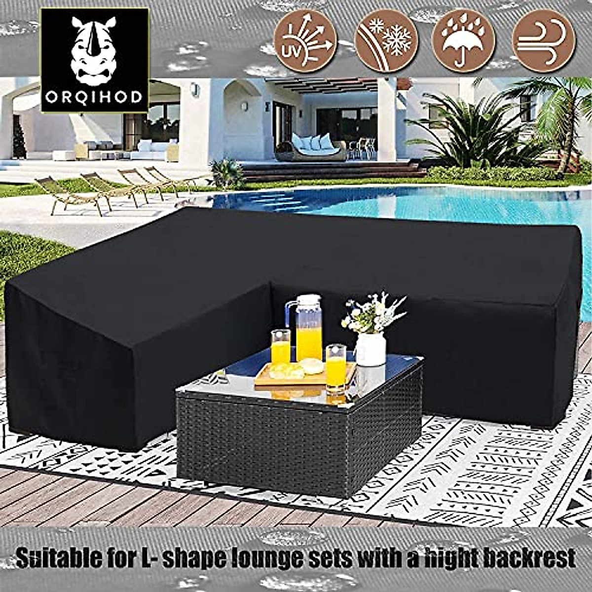 Orqihod V-Shaped Patio Furniture Cover Waterproof 600D Heavy Duty Outdoor Sectional Sofa Covers with Storage Bag 85x85inch Black Protective Cover for Corner Sofa Windproof