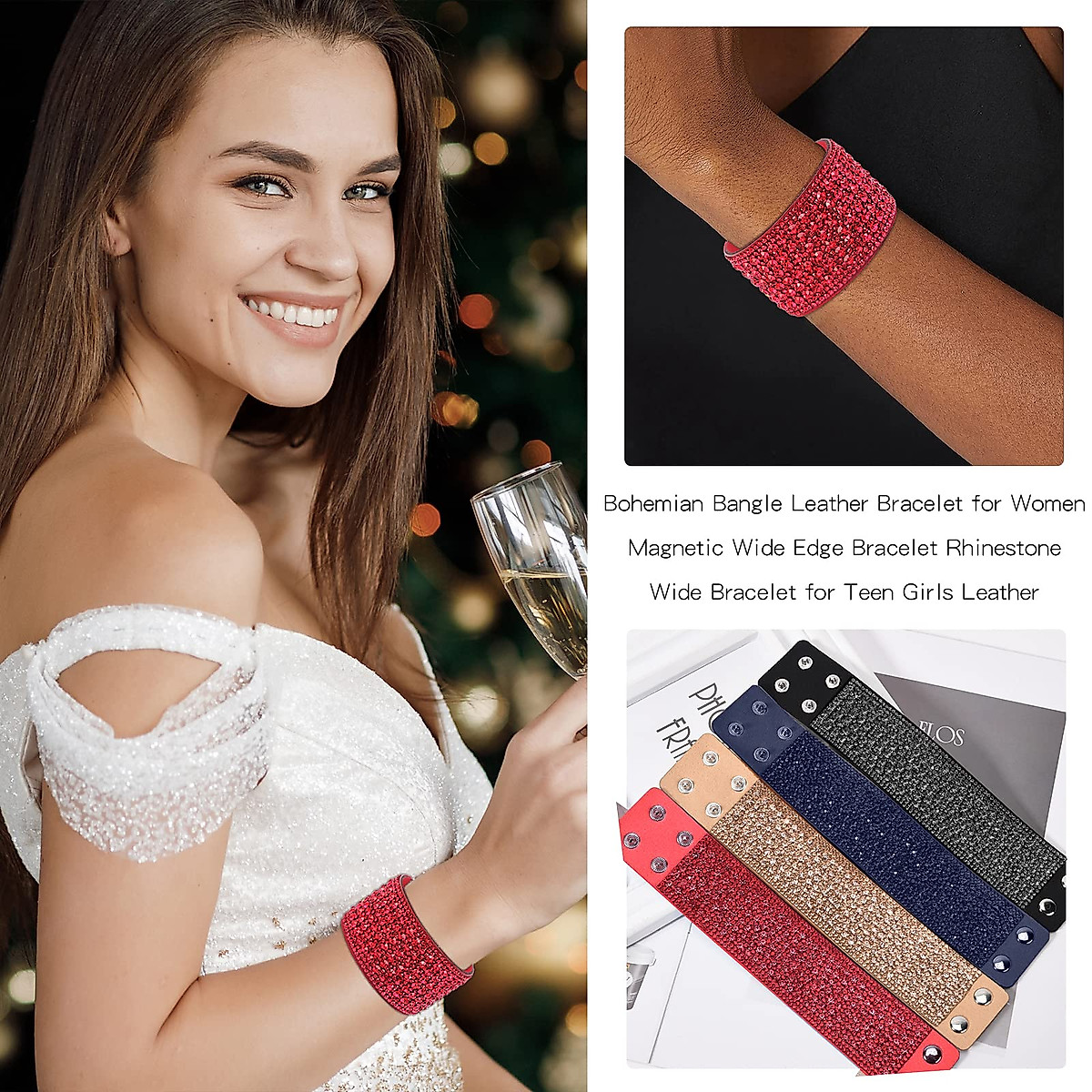 Long tiantian Boho Bangle Leather Bracelet for Women Rhinestone Bangle Bracelet for Women Wide Edge Bracelet Leather Wrap Cuff Bracelet(red)