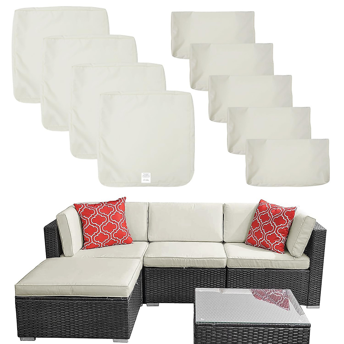 9 Pack Patio Cushion Covers Set Outdoor Furniture Cushion and Pillow Cover Replacement Fit for 5 Pieces 4-Seater Wicker Rattan Patio Sectional Sofa Chair Couch Set,Cream-Cover Only (Large)