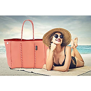 QOGiR Neoprene Multipurpose Beach Bag Tote with Inner Zipper Pocket (Coral, Large)