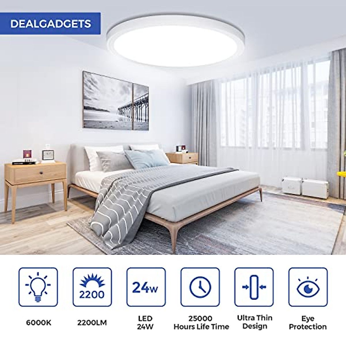 DEALGADGETS Flush Mount Ceiling Light Fixtures,24W Flat led Light for Ceiling,6000K 2200LM Ultra Thin Round White Lamp for Bedroom Kitchen,Bathroom,Garage,Living Room, Dining Room