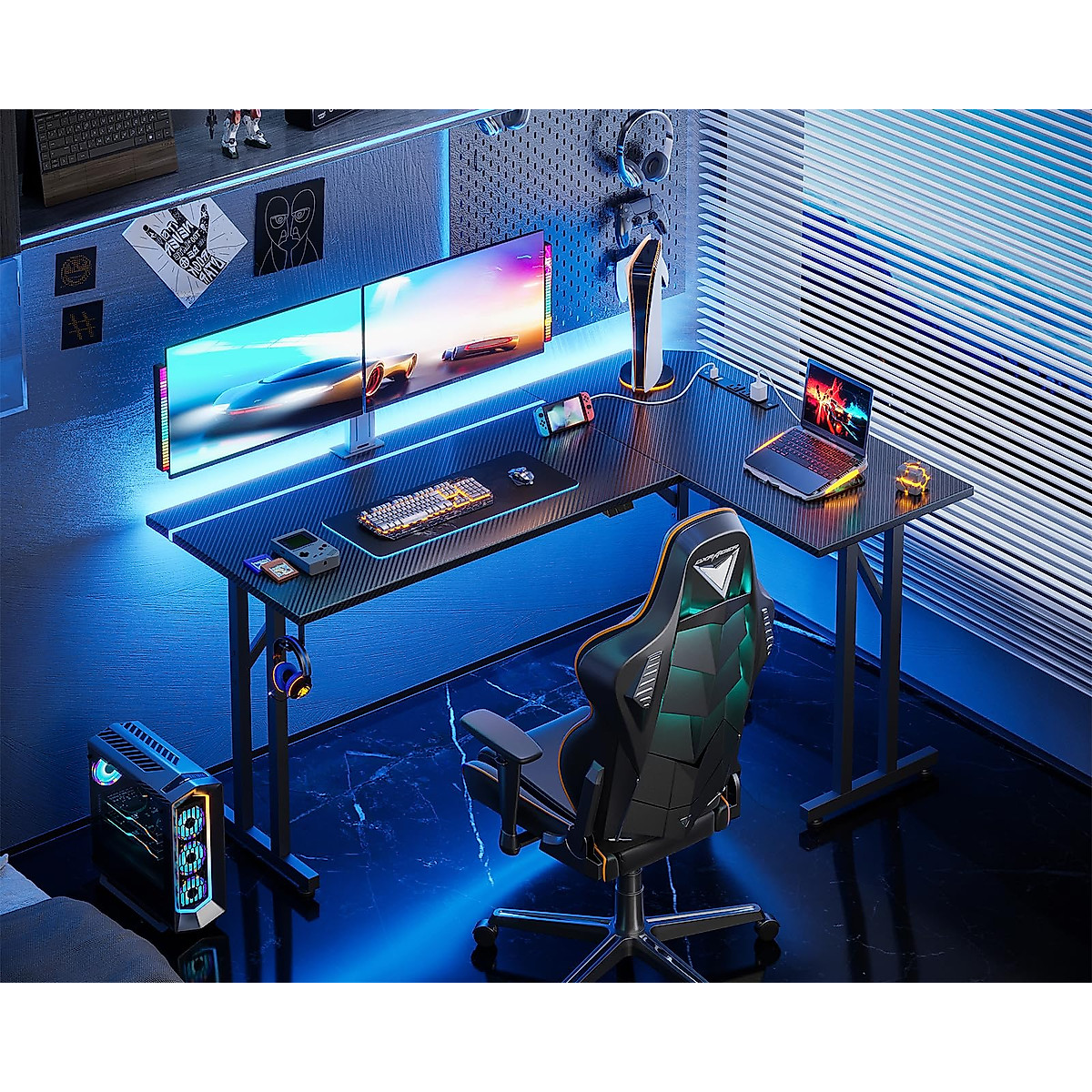 MOTPK L Shaped Gaming Desk with Led Lights, 51 Inch Gaming Computer Desk with Carbon Fiber Texture, Pc Gaming Table with Power Outlet and Headphone Hook, L Desk for Gaming, Black