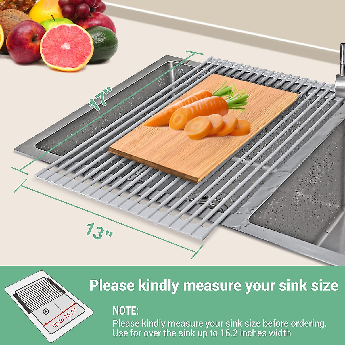 Ohuhu Roll Up Dish Drying Rack, Over The Sink Multipurpose Roll-Up Dish Racks, 17" L x 13" W Rolling Heat-Resistant Anti-Slip Silicone Coated Dish Drainer Portable Foldable for Kitchen Counter