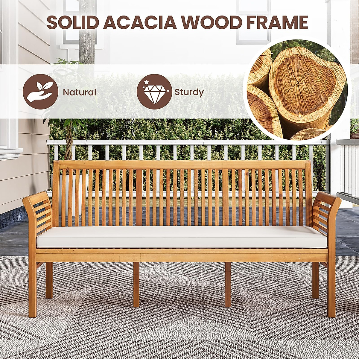 RELAX4LIFE 62.5’’ Outdoor Bench Acacia Wood - 3-Person Patio Bench w/Backrest, Armrests & Removable Seat Cushion, Slatted Wooden Garden Bench for Front Porch Park Backyard, 1200 LBS Weight Capacity