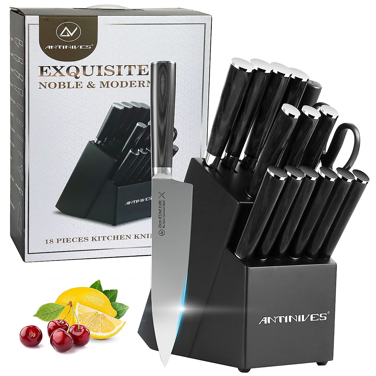 Knife Set, 18 Pcs Kitchen Knives Set with Block, Sharp German Stainless Steel Knife Block Set, Professional Chef Knives Set for Kitchen with Serrated Steak Knives Set, Sharpener & Finger Guard, Black