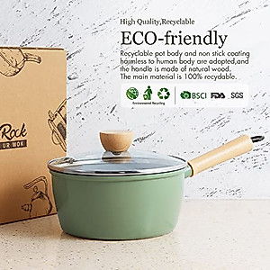 ROCKURWOK Ceramic Nonstick Sauce Pan, 2.2 Quart Cooking Pot, Small Saucepan with Lid, PTFE & PFAS-Free, Wooden Handle for Cool Touch, Universal Base(Gas, Electric & Induction), Green