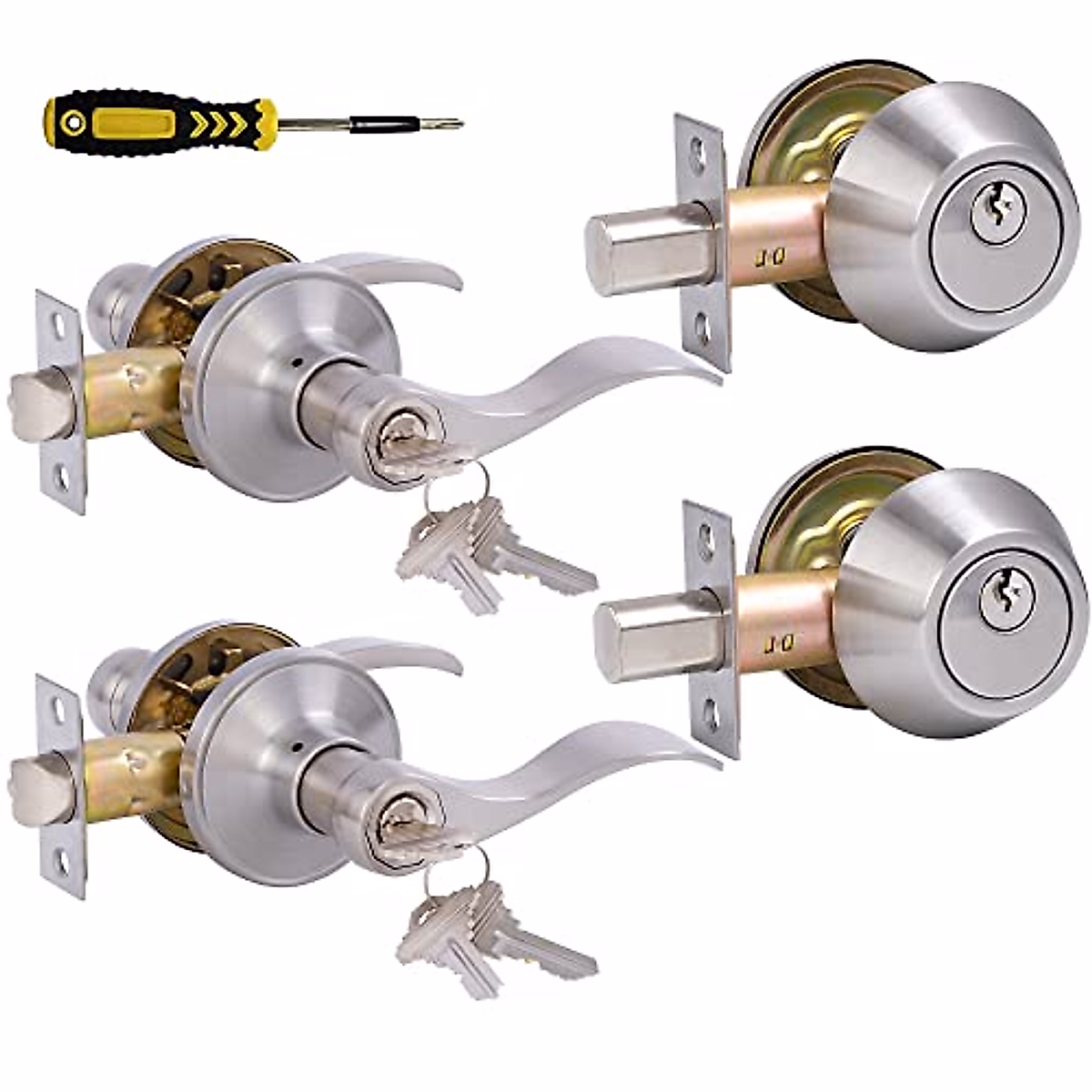 Keyed Alike Front Door Lever Lockset with Single Cylinder Deadbolt Combination Set, Exterior Door Knob with Lock and Deadbolt, Satin Nickel Finished, 2Sets