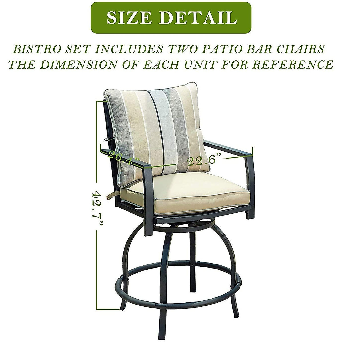 LOKATSE HOME Patio Bar Height Chairs, Outdoor Swivel Bar Stools Chairs with Seat and Back Cushions, High Swivel Armrest Bar Chair Set of 2