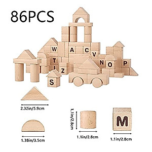 HOTTuoHong 86 Pcs Kids WBuilding Blocks Set Preschool Learning Educational Toys Wooden Stacking Blocks Educational Montessori Standard Unit Wooden Blocks for Ages 3-8 Boys & Girls