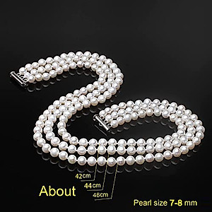 3 Multiple Layered Triplets Strand Pearl Necklace for Women,White Freshwater Pearls Necklace Mother's Day Gift