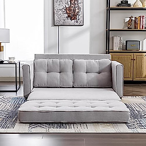 3 Fold Upholstered Futon Sofa Convertible Floor Sofabed ,Foldable Tufted Loveseat with Pull Out Sleeper Couch Bed, Space Saving Love Seat Daybed W/Side Pockets for Apartment Office Home Living Room