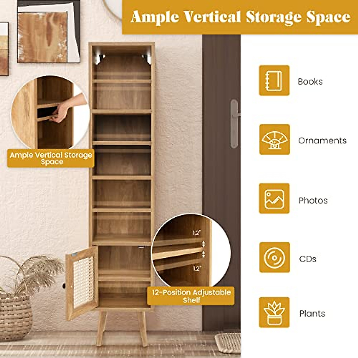 Giantex 54" Tall 4-Tier Bookcase with Door, Freestanding Slim Narrow Book Cabinet with Adjustable Shelf, Vertical Bookshelf with Leg, Open Shelving Display Rack, Boho Wooden 4-Cube Storage Organizer