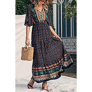 PRETTYGARDEN Women's Casual Summer Boho Floral Print Dress V Neck Short Sleeve High Waist Long Maxi Beach Dresses (Black Floral,Medium)