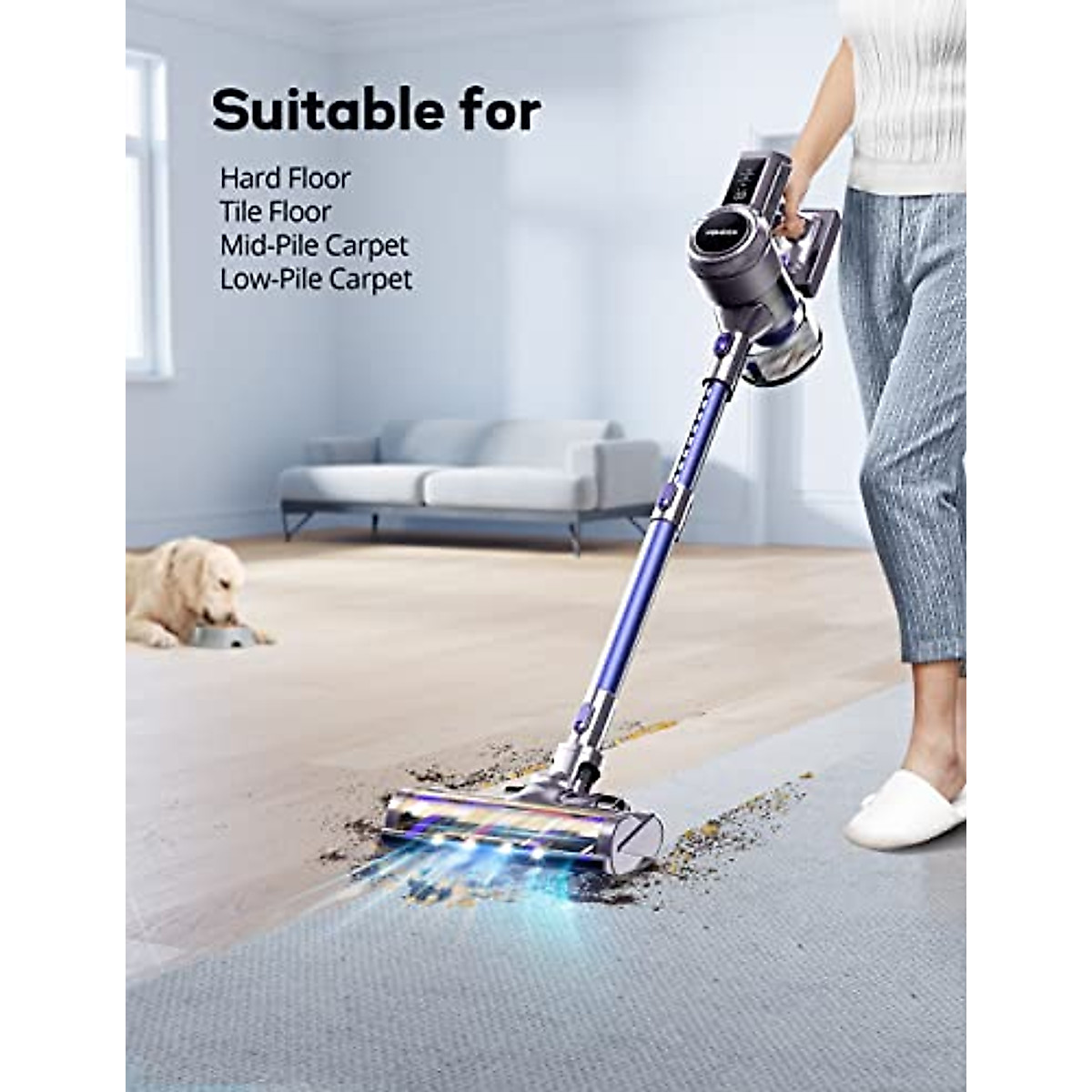 Voweek Cordless Vacuum Cleaner, 250W Powerful Stick Vacuum, 6 in 1 Lightweight Vacuum Cleaner with 3 Modes, LED Display, 40Mins Runtime Handheld Vacuum for Home Pet Hair Car