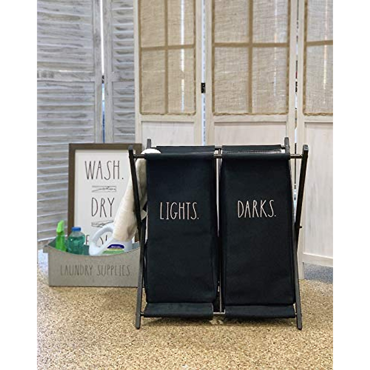 Rae Dunn Folding Laundry Hamper - Two Section Clothes Bin for Easy Divide of Lights and Darks - Foldable Basket for Bedroom, Bathroom, Nursery, Dorm - Metal and Black Fabric Home Décor