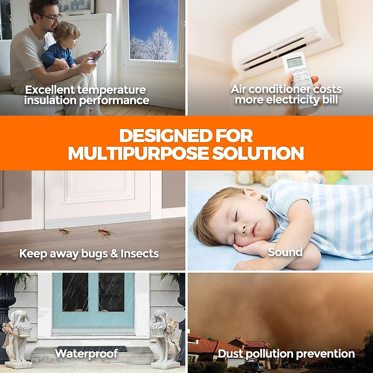 Holikme 2 Door Draft Stopper Under Door Draft Blocker Insulator Door Sweep Weather Stripping Noise Stopper Strong Adhesive, Transparent