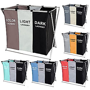 135L Laundry Cloth Hamper Sorter Basket Bin Foldable 3 Sections with Aluminum Frame 26''×24''H Washing Storage Dirty Clothes Bag for Bathroom Bedroom Home Storage basket(Brown+Grey+Black, 3 Liner)