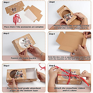 OurWarm 12pcs Christmas Cookie Gift Boxes Treat Boxes for Holiday Gift Giving and Christmas Party Supplies, Christmas Kraft Paper Food Bakery Boxes with Clear Window, Oilpaper and Ribbons