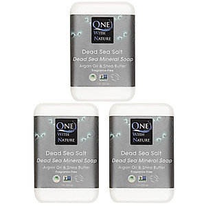 One With Nature Dead Sea Mineral Salt Soap 7oz 3Pk, with Argan Oil & Shea Butter. Dead Sea Salt Contains Magnesium, Sulfur & 21 Essential Minerals. Helps skin conditions, 100% Natural, Fragrance Free