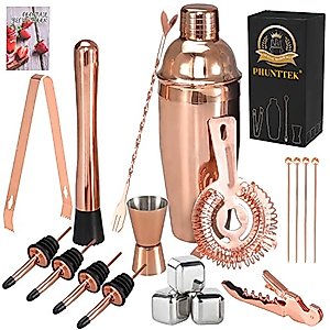 19pcs Cocktail Shaker Set Bartender Kit, 24oz Cocktail Shaker Drink Mixer Rose Gold Stainless Steel Bar Set with Muddler for Cocktails, Cocktail Picks, Mixing Spoon, Strainer, Jigger, Bar Accessories