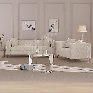 Morden Fort Loveseat Sofa, 61“Beige Mid-Century Couch with Button Tufted and Nailhead Trim and Iron Legs for Living Room, Apartroom, Bedroom, Office