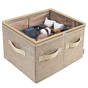 Moteph Shoe Organizer Closet Storage Solution with Clear Cover & Adjustable Dividers for Shoes, Handbags, Blankets, Linen, Clothing (Light Brown, Medium - 16 Pairs)
