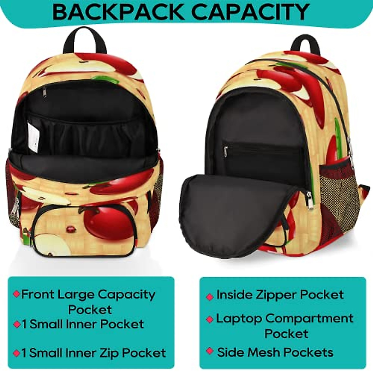 Apples Pattern Bookbag School Backpack Teens Girls Boys Schoolbag Shoulder Computer Hiking Gym Travel Casual Travel Daypack