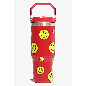 30 oz Tumbler with Handle and Flip Straw, Stainless Steel Vacuum Insulated Water Bottle Travel Mug Thermal Cup Smiley Red