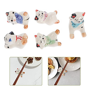 Hemoton 5pcs Chopsticks Rests，Cute Cat Chopsticks Rest Ceramic Chopsticks Holder Rack for Dinner Fork Spoon Knife Tableware