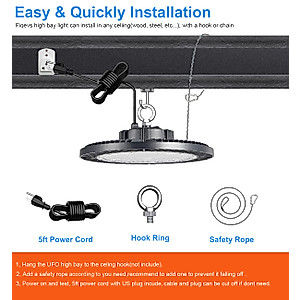 200W LED High Bay Lights, UFO LED High Bay Light, 28,000 LM(Eqv.800W MH/HPS), 5000K Daylight, IP65, 5ft Cable with US Plug, Safe Rope for Garage/Warehouse/Workshop - Pack of 1