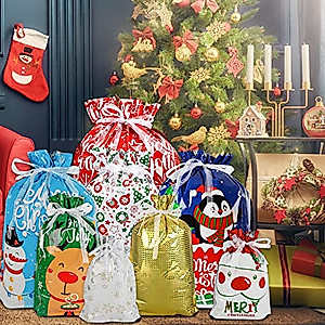 Bowount Christmas Drawstring Gift Bags 43pcs Assorted Sizes Christmas Bags Wrapping Sacks Pouches Santa Goody Bags with Squared Bottom in 4 Sizes and 8 Designs for Xmas Holiday Presents Party Favor