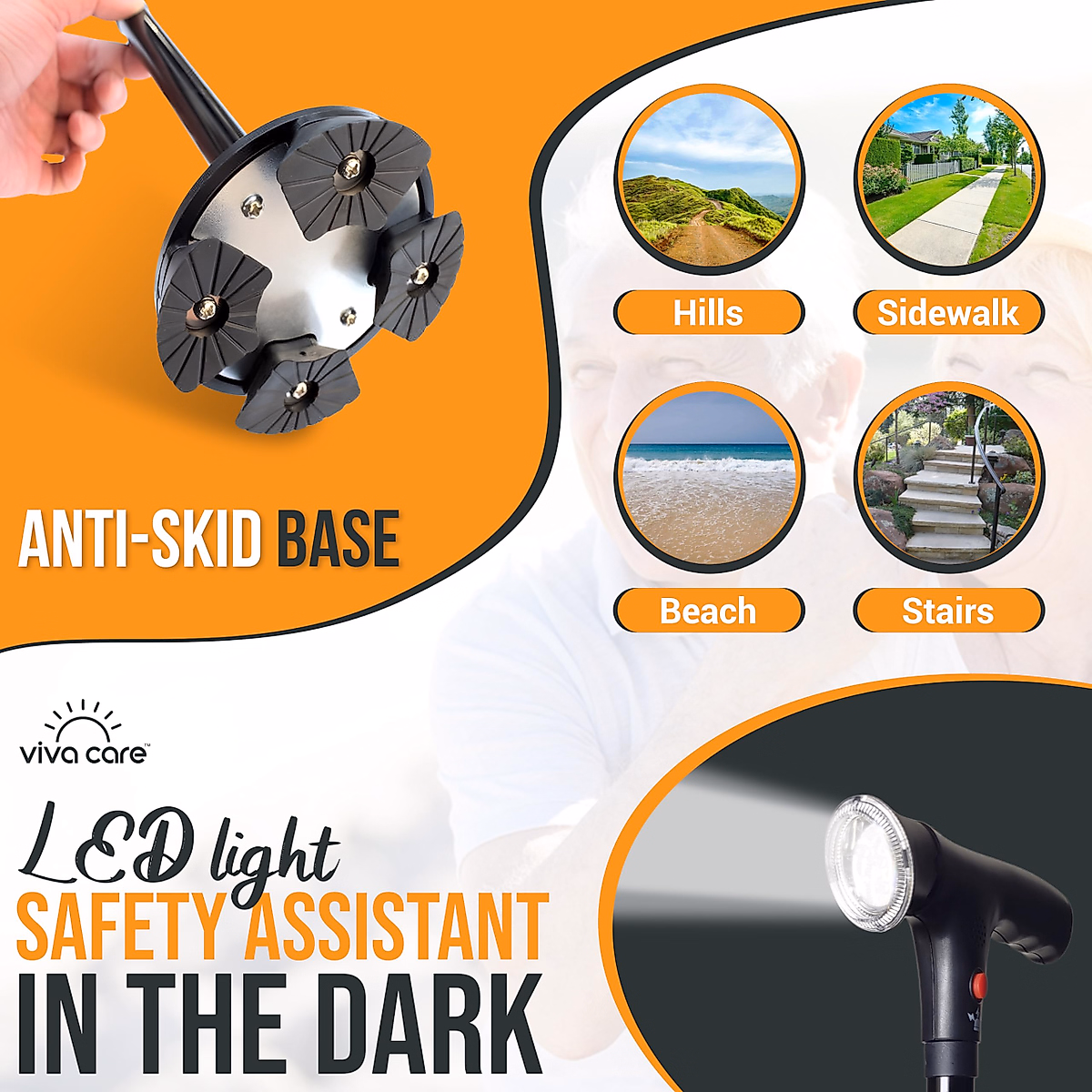 VIVA CARE Walking Cane with Light & Alarm - Foldable, Adjustable, Lightweight, for Balance & Stability for Adults, Seniors, & Injured. [Black]