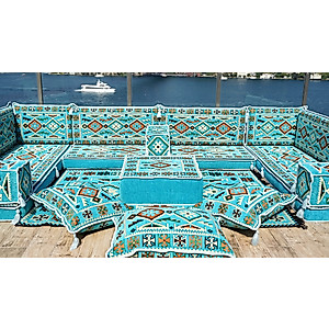 Light Blue Corner Floor Sofa Seating Set, U Shaped Arabic Sofa Set, Oriental Floor Seating, Floor Cushions, Living Room Sofa, Arabic Majlis,Floor Couch (U Sofa Full Set)