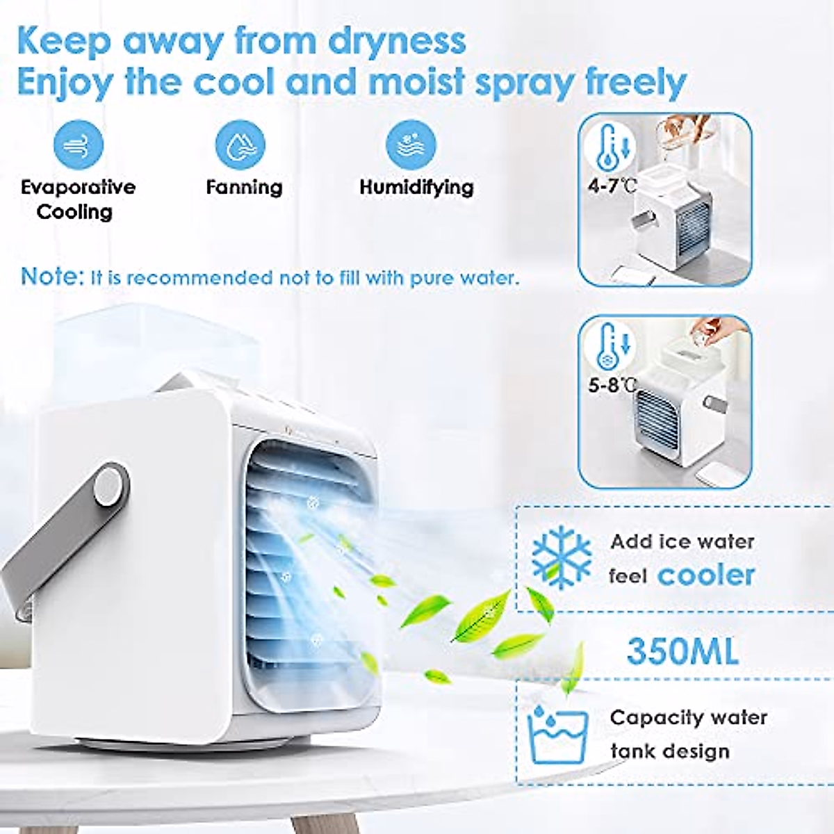 Portable Air Conditioners, Mini Air Conditioner Evaporative Air Cooler 90° Oscillating with 7 LED Lights, Rechargeable Fans for Room Office Outdoor Car Camping Tent