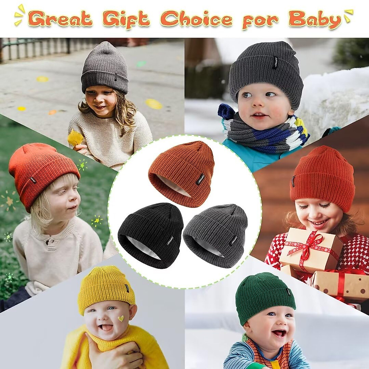 ZUPPAD Baby Beanie Hats, 3-Pack Winter Knit Hats with Fleece Lining for Boys and Girls (Dark Orange, Grey, Black)