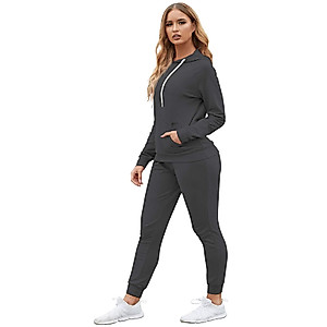 Fixmatti Women 2 Piece Outfits Long Sleeve Pullover Hoodie Jogger Pant Sweatsuit Set Dark Grey L