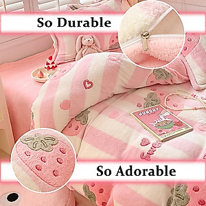 OranFran Pink Strawberry Kids Duvet Cover Set Queen Cute Kawaii Bedding Set Snowflake Fluffy Comforter Cover Blanket Soft Reversible Duvet Cover Room Decor (Strawberry,Queen)
