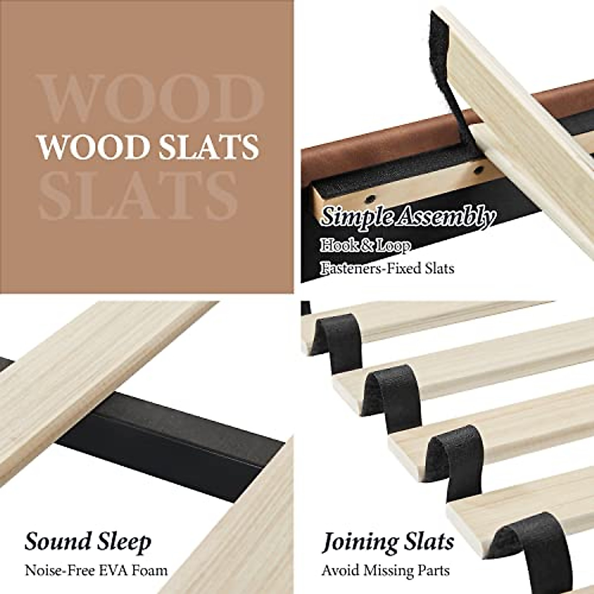 Yaheetech Upholstered Platform Bed Frame with Square Tufted Faux Leather Headboard Height Adjustable, Mattress Foundation Wooden Slats Support No Box Spring Needed, Amber Brown-Queen