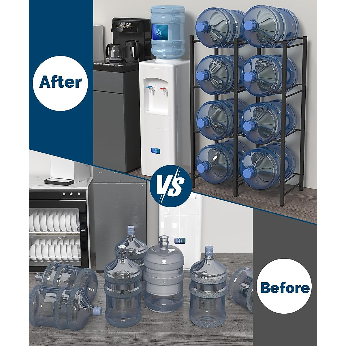 mocomax 5 Gallon Water Jug Rack, Detachable Water Bottle Holder for 8 Bottles, 4 Tier Heavy Duty Water Cooler Jug Rack, Water Bottle Organizer Storage Rack for Kitchen, Office, Living Room, Black