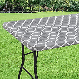 smiry Rectangle Tablecloth, Waterproof Elastic Fitted Table Covers for 6 Foot Tables, Wipeable Flannel Backed Vinyl Tablecloths for Picnic, Camping, Indoor, Outdoor (Grey Morocco, 30x72 Inches)