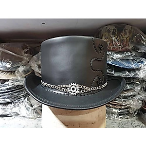 Steampunk Clock Gear Leather Top Hat (Leather, Small)