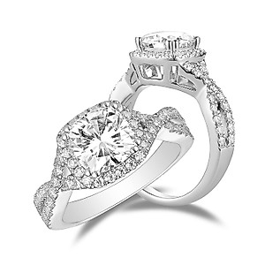 DovEggs Moissanite Engagement Rings for Women 2ct Center 7.5x7.5mm GHI Color Cushion Cut Near Colorless Moissanite Halo Split Shank Wedding Ring 14k Gold QUALITY Sterling Silver(9)