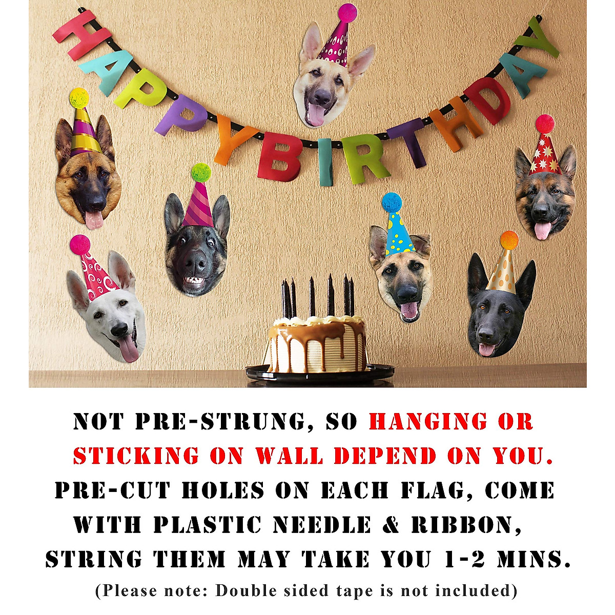 German Shepherd Birthday Garland, Funny Dog Face Portrait Birthday Banner, Bday Bunting Decoration…