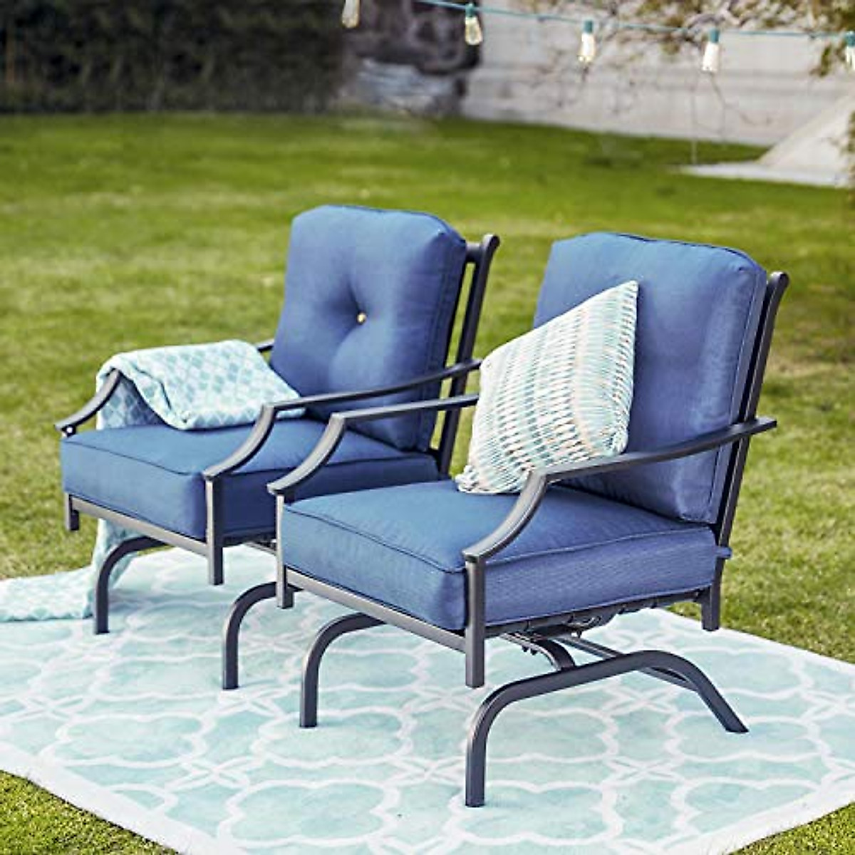 Patio Festival Rocking Patio Chairs Outdoor Metal Furniture Motion Spring Patio Chair Black Metal Dining Bistro Set with Padded Cushion for Porch Garden Balcony