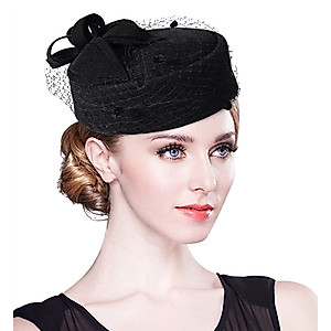 Z&X British Vintage Wool Felt Pillbox Hat Ladies Church Derby Winter Fascinator Hat Veil Flower Fedoras Black