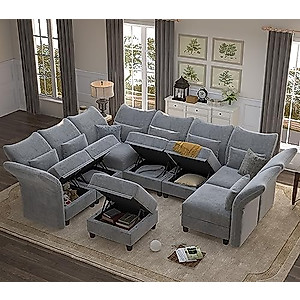 LLappuil Chenille Large Sectional Sofa 8 Seats U Shaped Modular Sofa with Storage Chaise, Adjustable Backrest, Modular Sectional Couches Sleeper for Living Room, Grey